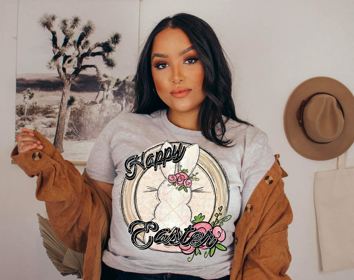 Happy Easter tan colored bunny and circle with flowers DTF TRANSFER ...